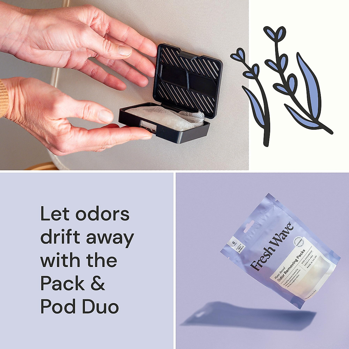 Fresh Wave Lavender Odor Eliminating & Deodorizing Packs | Bag of 6 & Fresh Pod Case | Safer Odor Relief for Small Spaces | Natural Plant-Based Odor Eliminator | Odor Absorbers for Home