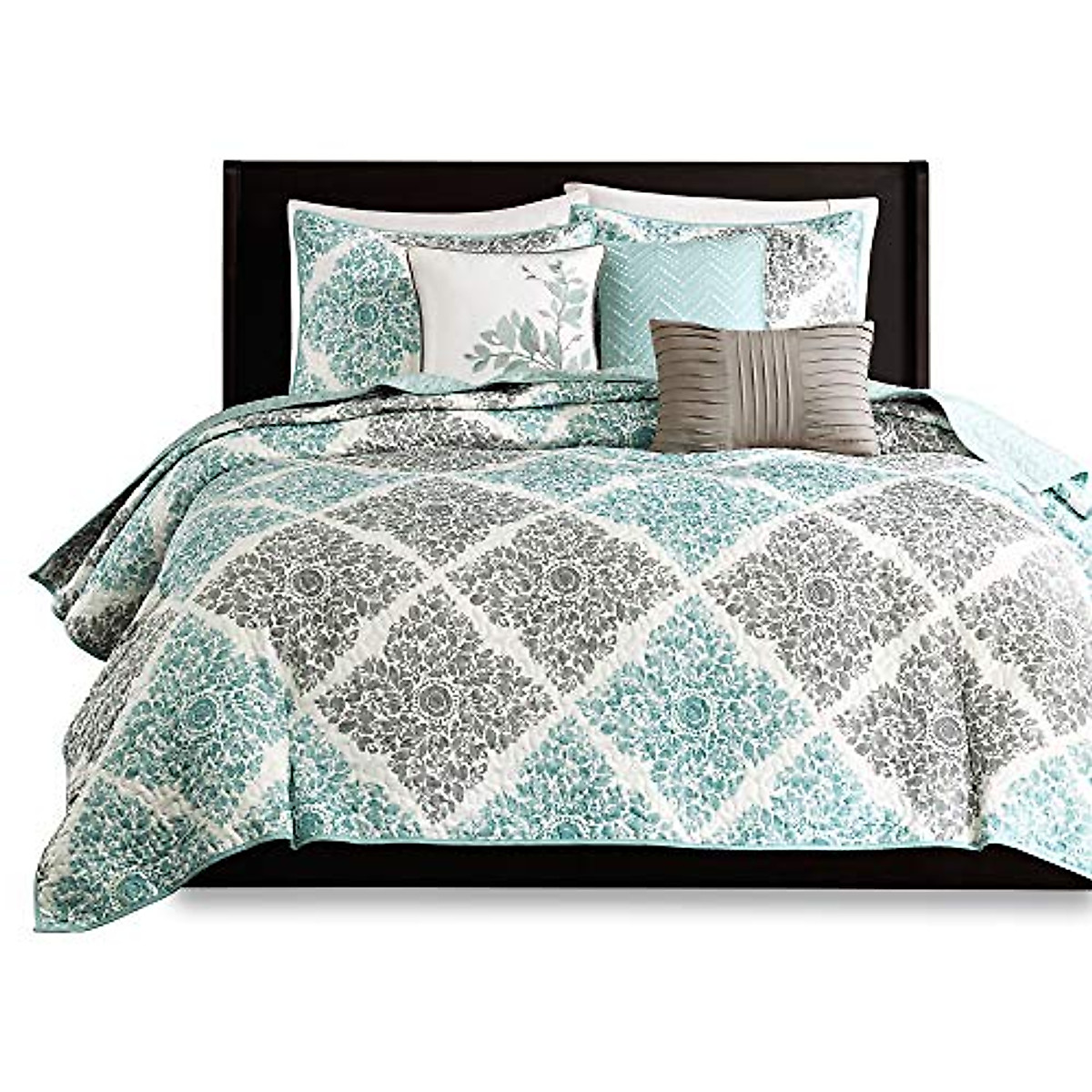 Madison Park Claire Quilt Modern Design - All Season, Breathable Coverlet Lightweight Bedding Set, Matching Shams, Decorative Pillow, King/Cal King (104 in x 94 in), Diamond Aqua 6 Piece