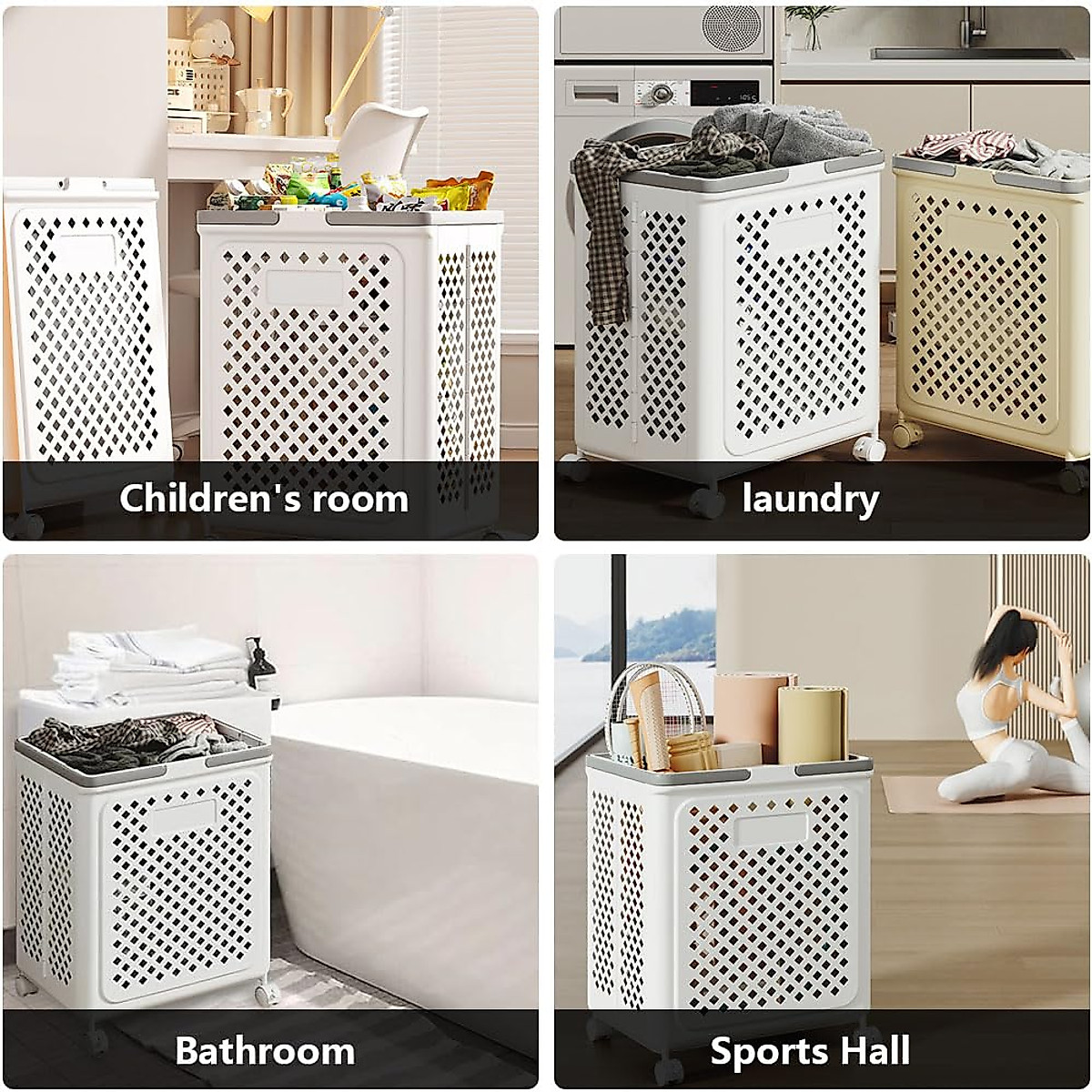 Desricy Collapsible Laundry Basket with Wheels and Handle, 50L Foldable Rolling Laundry Cart, Versatile Plastic Laundry Hamper, Dirty Clothes Hamper for Dorm, Bedroom and Bathroom, White