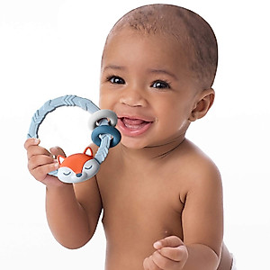 Itzy Ritzy Silicone Teether with Rattle; Rattle Teether Features Rattle Sound, Two Silicone Teething Rings and Raised Texture to Soothe Gums; Ages 3 Months and Up (Fox)