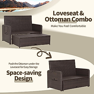 LDAILY Moccha Outdoor Daybed, Wicker Loveseat Sofa Set with 4-Postion Adjustable Backrest, Storage Ottoman, Cushions, Rattan Double Bed Lounger, Patio Furniture Set (Beige)