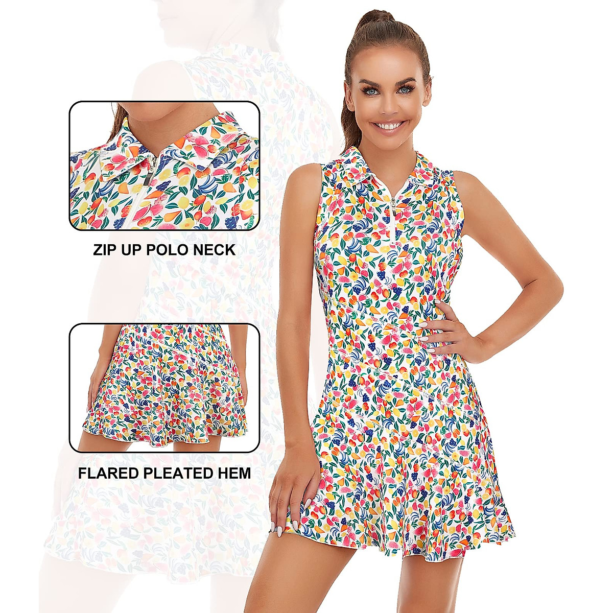 Misyula Tennis Dresses for Women,Athletic Dress with Shorts 2Pockets Zip Up Polo Sleeveless Golf Workout Dress Multi-Fruit Small