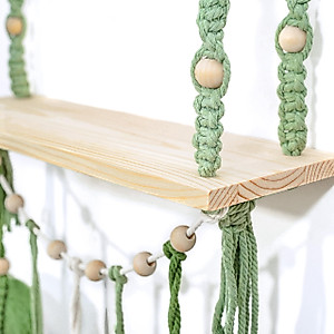 Macrakido - Macrame Wall Hanging 2-Tier Shelf, Boho Floating Wooden Shelves with Green Woven Rope and Leaf Decor,Plant Display for Bedroom, Dorm, Nursery, Living Room, and Bathroom Wall Decor