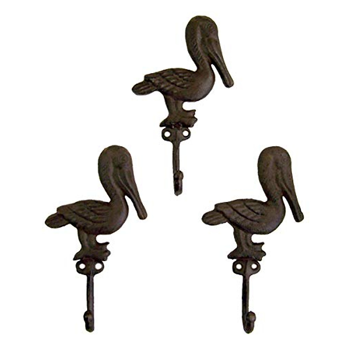 Wowser Rustic Brown Cast Iron Pelican Wall Hooks, Set of 3, 7 1/2 Inch
