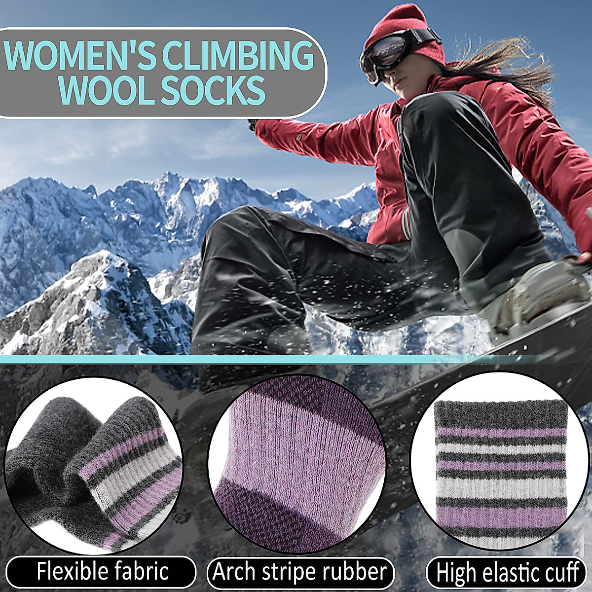 EBMORE Womens Merino Wool Hiking Socks Thermal Warm Winter Boot Crew Cushion Work Gift Socks 5 Pairs(Striped-A,M)