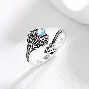 S925 Sterling Silver Spoon Ring for Women - Cross Turquoise Lotus Moonstone Style Spoon Rings Adjustable - Antique Wrap Thumb Ring Open Size 6-11 (Lotus Moonstone Style)