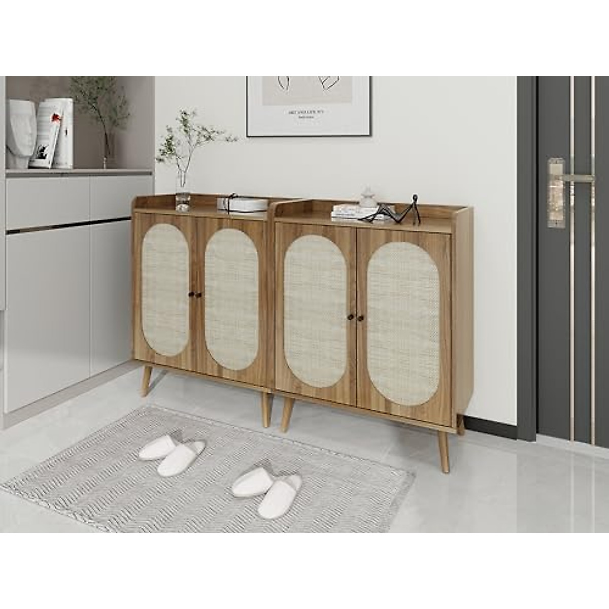 wirrytor Rattan Shoe Cabinet,16 Pairs Shoe Storage Cabinet with 2 Rattan Doors,4-Tier Modern Entryway Organizer Cabinet,Freestanding Shoe Rack Organizer Cabinet for Closet Hallway Living Room,Walnut