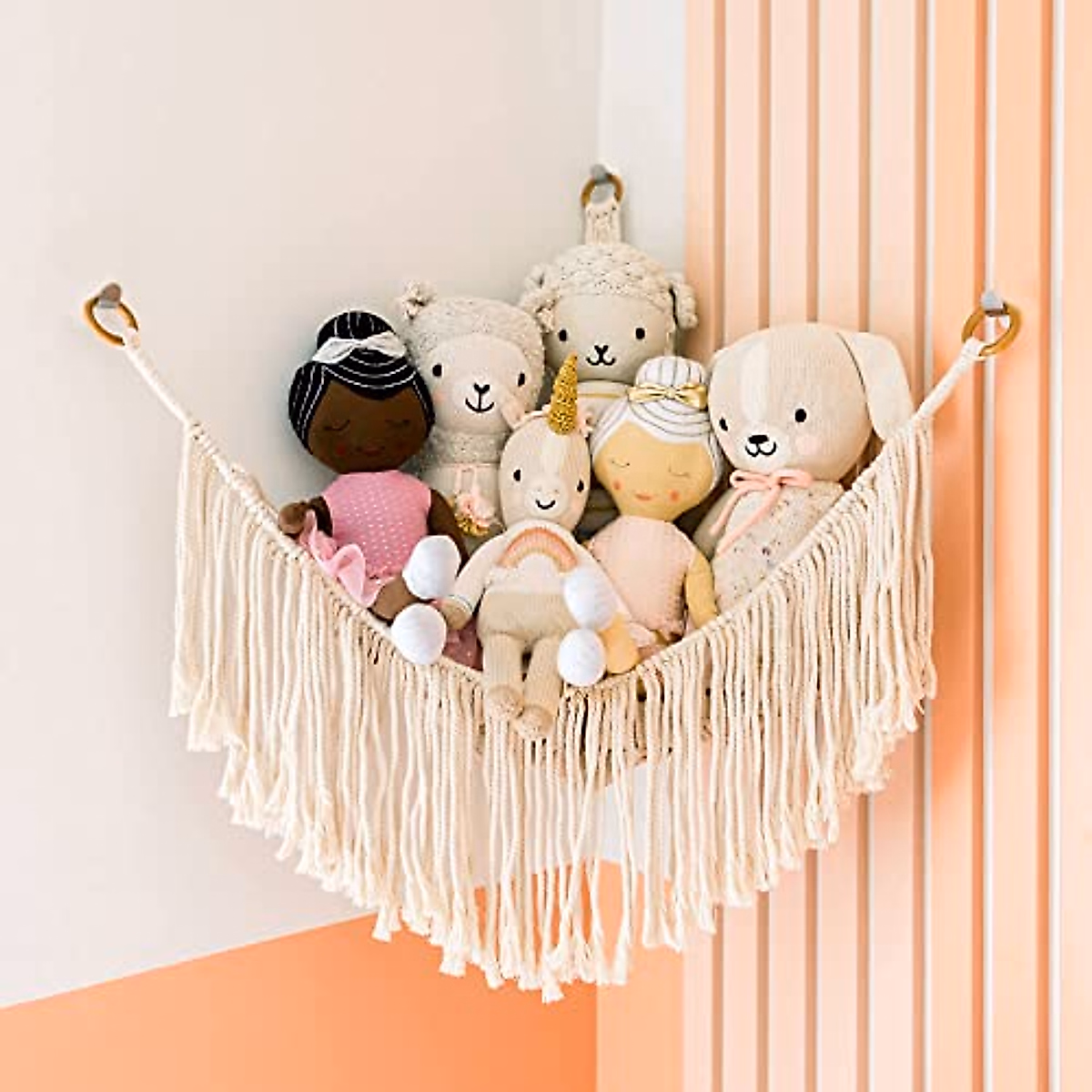 Macrame Stuffed Animal Net or Hammock – Toy Hammock for Stuffed Animals w/ Hooks - Stuffed Animal Hammock Holds Plushies, Yarn Skeins, Towels & More – Stuff Animal Hammock - Boho Nursery Decor