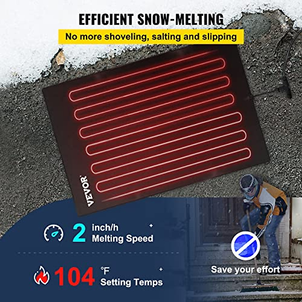 VEVOR, 20in x 30in Walkway, 120V Ice, PVC Heated 6ft Power Cord, Slip-Proof, Ideal Winter Outdoor Snow Mat, 2'' per Hour Melting Speed, Black