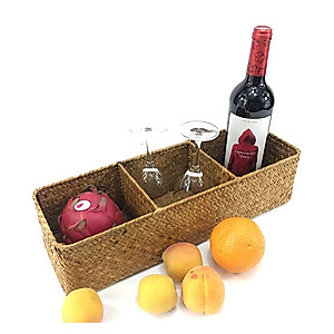 3-Section Larger Toilet Tank Topper Paper Basket,Hand-woven Seagrass Storage Rectangular Basket and Home Organizer Bins,Natural Water Hyacinth Basket (brown middle)