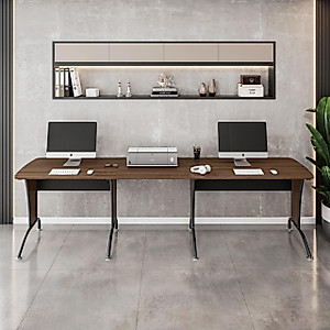 Techni Mobili Deluxe L Shaped, Corner Configurable as Left/Right-Handed L Inline, Durable Steel Frame with Spacious Work Area, Walnut and Grey Office Desk, 67” W x 57” D x 29” H