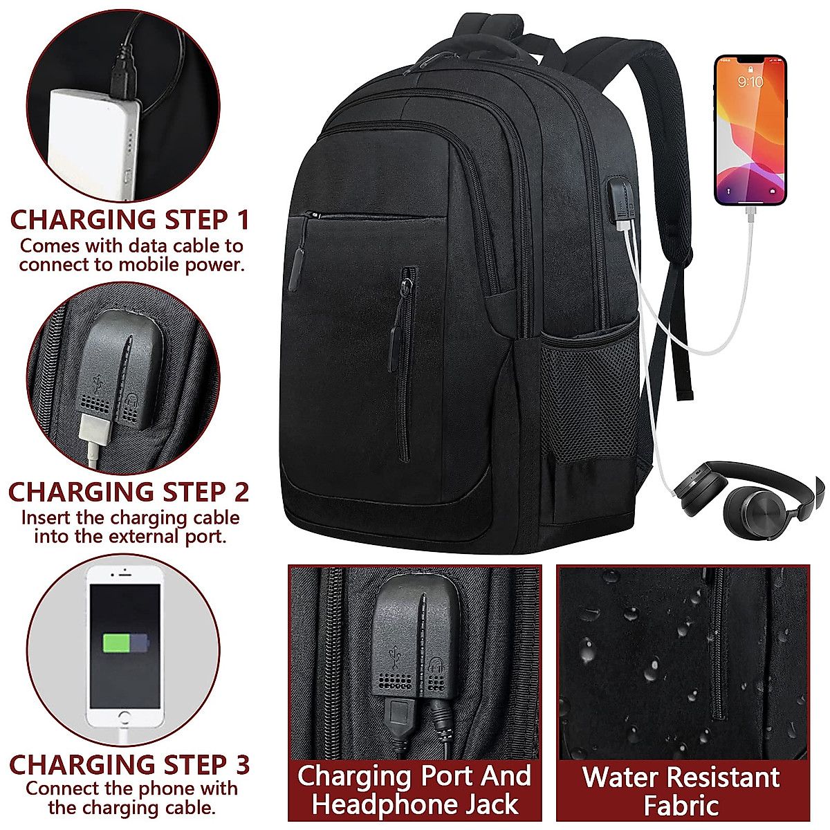 Ogetok Men Travel Backpack for 17.3" Laptop,Business Casual Computer Daypack School Student Bookbag w/ USB Charging Port,Grey