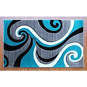 Masada Rugs, Sophia Collection Hand Carved Mat Modern Contemporary Turquoise White Grey Black (2 Feet X 3 Feet 4 Inch) Welcome Mat, Doormat, Bathroom Rug, Kitchen Mat, Small Space Rug