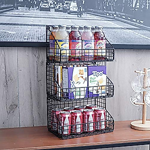 X-cosrack 3 Tier Stackable Tea Bag Organizer Large Size with 5 Hooks Metal Wire Basket Coffee Snack Rack Holder Countertop Caddy Bin Wall Mount Shelf for Office Kitchen Cabinet Pantry Patent Desgin, 11.8x7.8x22 inch