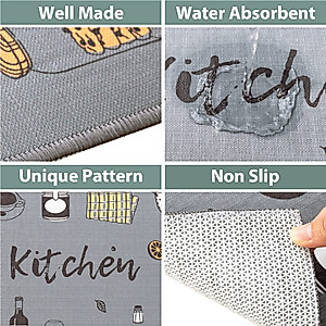 Carvapet 2 Pieces Non-Slip Kitchen Rug TPR Non-Skid Backing Mat for Doorway Bathroom Runner Rug Set, Grey Kitchen Design (17"x48"+17"x24")