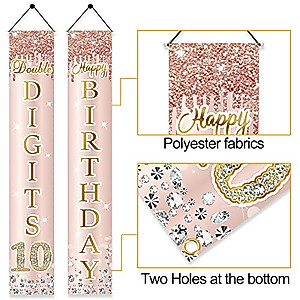 10th Birthday Door Banner Decorations for Girls, Pink Rose Gold Happy 10 Birthday Door Porch Backdrop Party Supplies, Ten Year Old Birthday Sign Decor