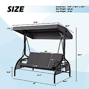 GIODIR 3-Seat Outdoor Porch Swing with Adjustable Canopy and Backrest, Porch Swing Chair with Stand, Patio Swing for Garden, Backyard, Balcony, Poolside (Gray)