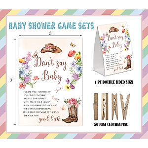 Little Cowgirl Don't Say Baby Game for Baby Shower, Pack of One 5x7 Sign and 50 Mini Natural Clothespins, Western Boots Baby Shower Decoration, Gender Neutral Party Supplies - SC31