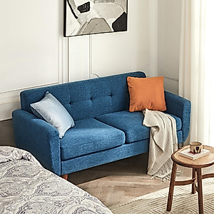 Tbfit 65" W Loveseat Sofa, Mid Century Modern Decor Love Seat Sofas and Couches for Living Room, Button Tufted Upholstered Small Couch for Bedroom, Solid and Easy to Install Love Seats Furniture, Blue