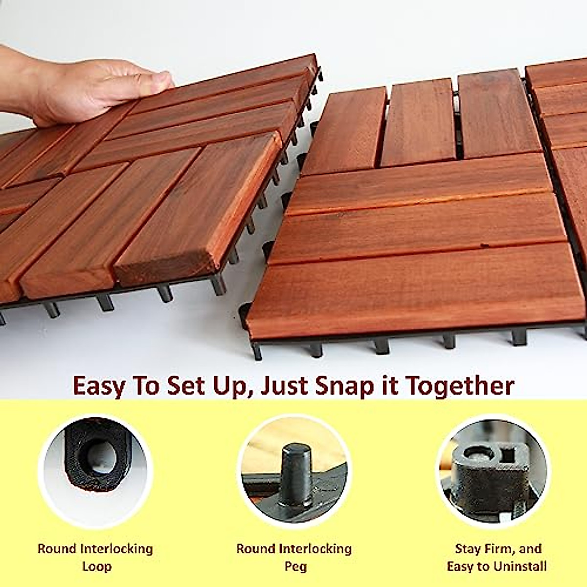 CLOVERHOLM Interlocking Deck Tiles 12x12 inches, 10PCS Waterproof Acacia Wood Patio Tiles, Easy Snap Flooring Tiles for Indoor and Outdoor,Balcony, Entry, Poolside Tiles (Tiles-Teak-P9)