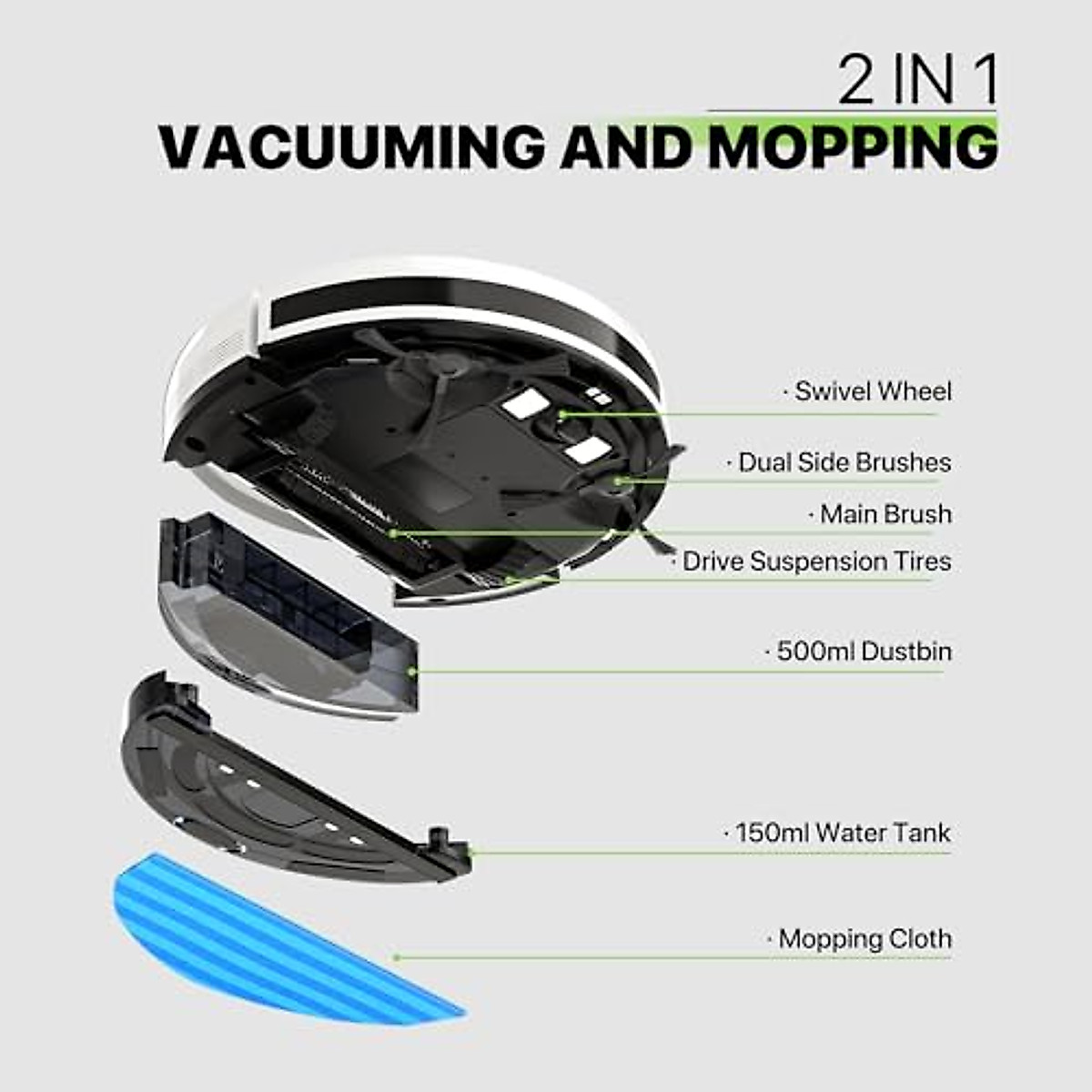 Magshion Robot Vacuum and Mop Combo, Wi-Fi/App, Automatic Self-Charging Robotic Vacuum Cleaner, 2800Pa Suction, Good for Hard Floors Carpets, White