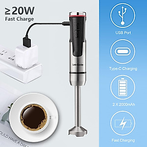 Liebe&Lecker Cordless Hand Blender, Immersion Blender Handheld USB Rechargeable 8 Variable Speeds with Whisk, Milk Frother Attachments, Portable Stick Blender for Milkshakes, Smoothies & Soups.