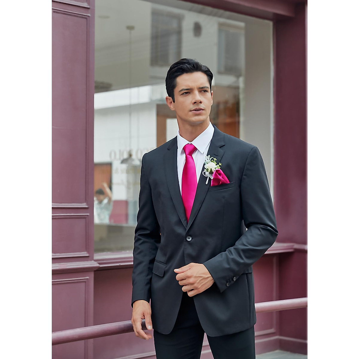 Mens Solid Pink Tie Classic 3.4" width Necktie and Pocket Square Set with Gift Box by HISDERN,Deep Pink,One Size