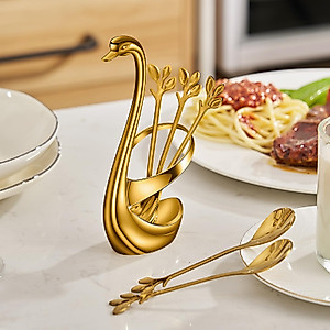 AnSaw Gold Small Coffee Spoon Holder Set,Swan Base With 10 Pcs Demitasse Espresso Spoons Set,4.7" Mini Leaf Dessert Spoon,Stainless Steel Tea Spoons