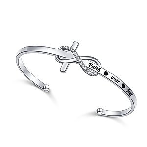 925 Sterling Silver Bible Verse Engraved Be Fearless Faith Over Fear Infinity Love Heart Cross Charm Cuff Bangle Sideways Cross Bracelet Religious Jewelry for Women Daughter Catholic