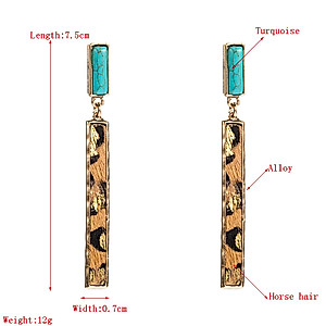 Rectangle Turquoise Dangle Earrings for Women Hypoallergenic Gold Plated Long Charms Birthstone Leopard Print Faux Leather Drop Dangling Stud Retro Lightweight Birthday Holiday Party Jewelry Gifts