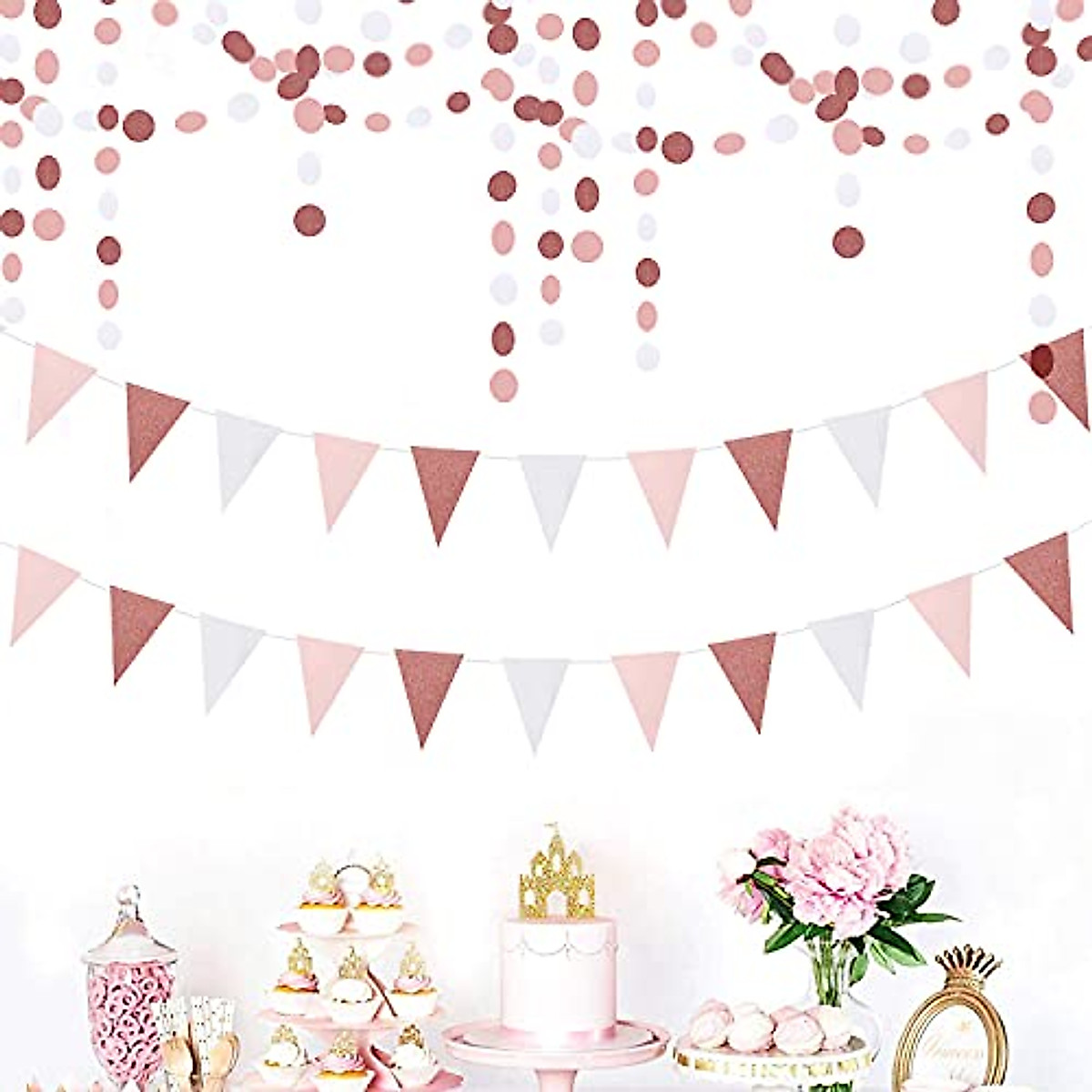 Pink-White Rose-Gold Party Decorations Banner - 2 Pack Engagement Baby Bridal Shower Paper Pennant Triangle Flags, Girl Birthday Bachelorette Mothers Day Wedding Bunting Lasting Surprise
