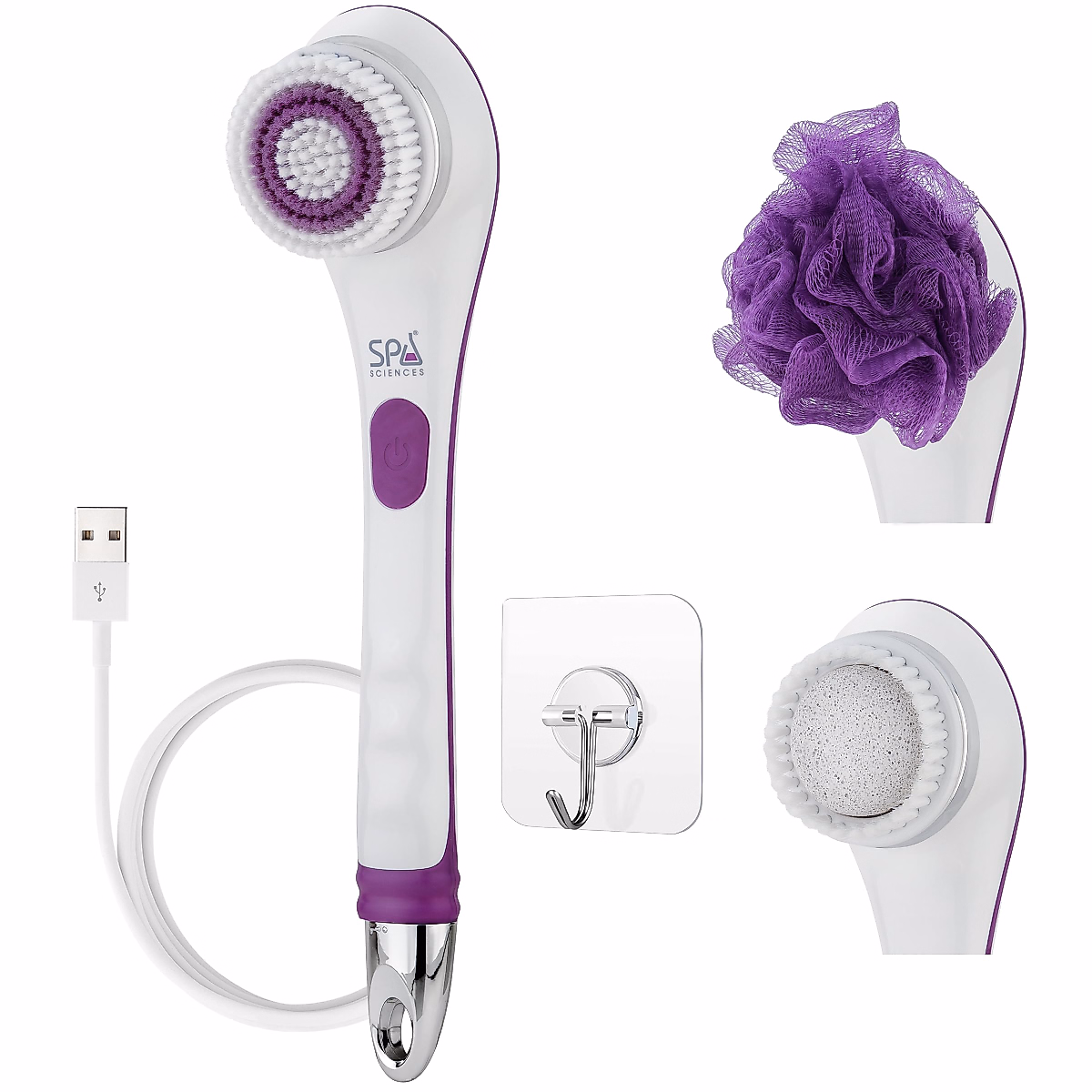 Spa Sciences - NERA - Power Shower Brush - 3-in-1 Multifunction Back & Body Brush - Exfoliation, Cleansing, Massaging - for All Skin Types - Includes Body Brush, Loofah, & Pumice Stone - USB Charging