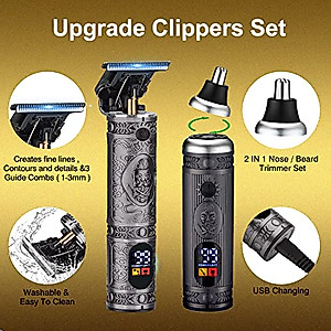 EHJYO Hair Clippers for Men, Professional Cordless Clippers for Hair Cutting Barber Clippers and Trimmers Set,USB Rechargeable T-Blade/Beard/Nose Hair Trimmer Set, Gifts for Men Dad Husband Gray
