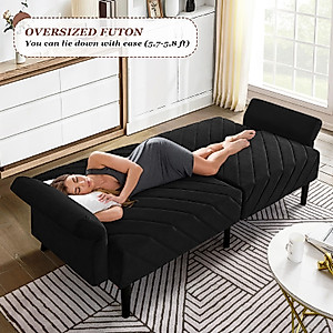 87 Inch Futon Sofa Bed, Modern Convertible Sleeper Futon Couch with Adjustable Armrests and Backrest, Velvet Oversized Loveseat Sofa Couch for Living Room, Apartment,Black