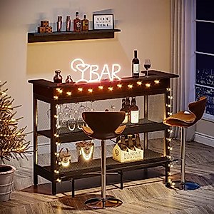 Tribesigns Industrial Home Bar Unit, 3 Tier Liquor Bar Table with Stemware Rack and Wine Storage Display Shelf, Mini Bar Cabinet with Glass Holder Footrest and Mesh Front