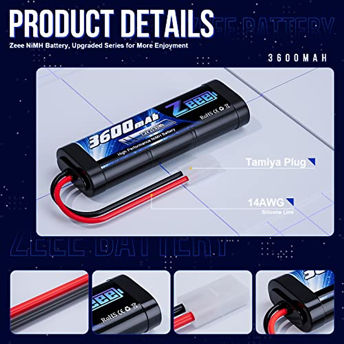 Zeee 7.2V NiMH Battery 3600mAh RC Battery High Power with Tamiya Connector for RC Car RC Truck Associated HPI Losi Kyosho Racing Hobby