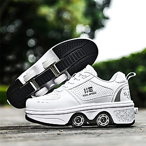 2-in-1 Roller Skates Shoes with Retractable 4 Wheels & Pop-Out Deformation Sneakers Outdoor Sports Skating Shoes for Girls Boys