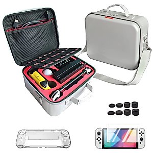 KAXIMEII Carrying Case for Nintendo Switch Oled,8 in 1 Switch Oled Accessories Bundle with Thumb Cap, Crystal Protective Case for Console & J-Con,Screen Protector,Hard Material Storage Bag,-Silver