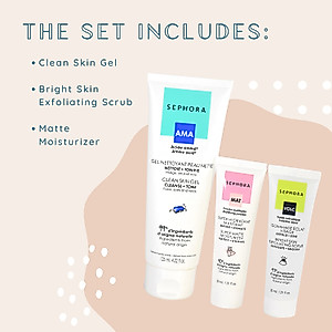 Sephora The Clarifying Kit - Clean Skin Gel Cleanser Toner, Super Matte Hydrating Moisturizer, Bright Skin Exfoliating Smoothing Scrub