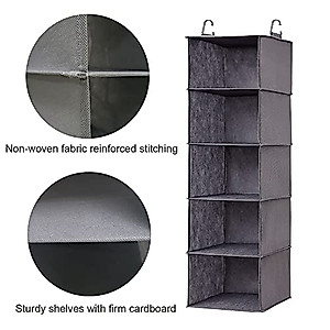 ROYFACC Hanging Closet Organizer 5-Shelf Collapsible Hanging Closet Shelves Hanging Storage Organizer for Closet with 2 Metal Hooks, 2 Pack (Grey, 5 Shelves)