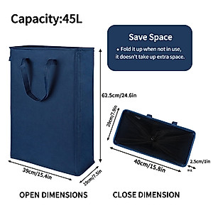 Odonata Slim Laundry Hamper Handles Collapsible Laundry Basket Thin Dirty Clothes Basket Narrow Laundry Bag Foldable Dirty Hamper 45L (Navy blue)