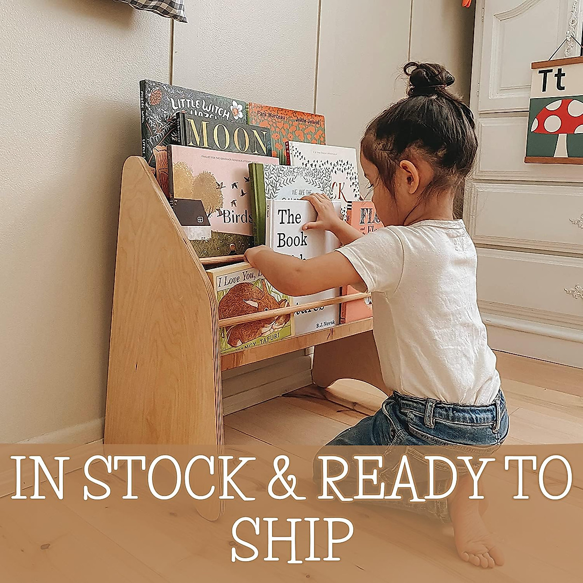 Montessori Bookshelf for Toddler Wood Kids Playroom Furniture Natural Wooden Nursery Gift Birthday Baby Neutral Room Storage Shelf Large Bookcase Child Decor Idea (Small, Natural)