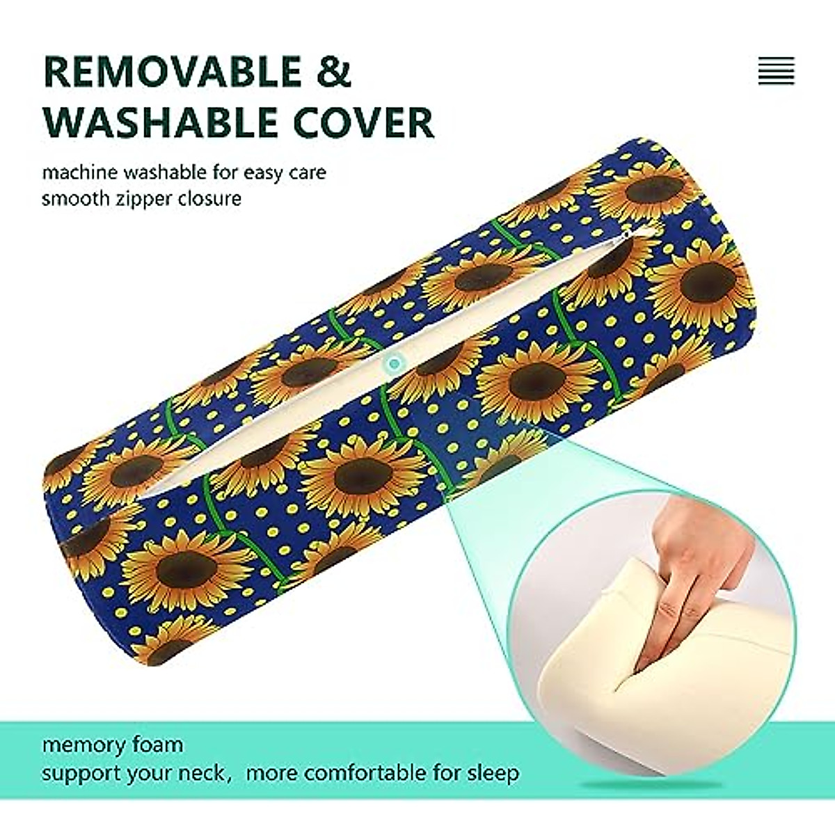 Vnurnrn Blue Floral Sunflowers Neck Support Pillow Round Neck Roll Bolster Cylinder Pillow Cervical Pillows Round Neck Pillow for Leg Knee Back Head Support for Work Men Women Bed