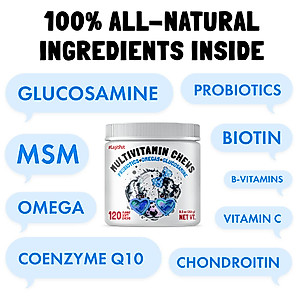 Dog Vitamins - 120 Multivitamins Chews w/Glucosamine Chondroitin, Probiotics Digestive Enzymes and Omegas - Supplement for Overall Health - Joint Support, Immune Health, Skin and Heart Health