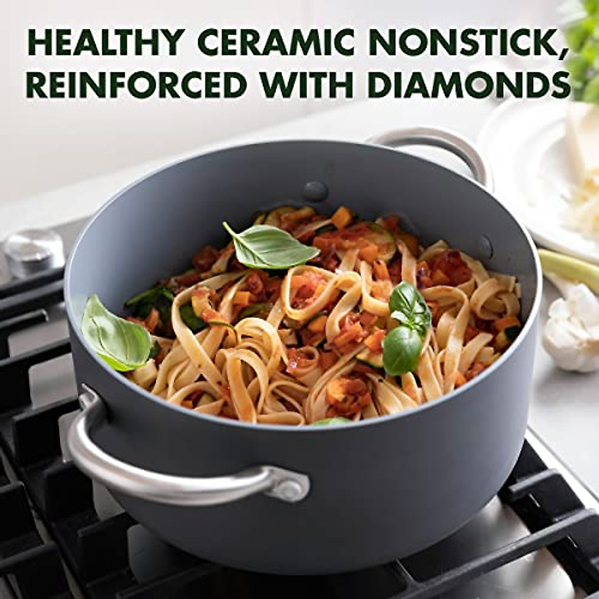 GreenPan Lima Hard Anodized Healthy Ceramic Nonstick 5QT Stock Pot with Lid, PFAS-Free, Oven Safe, Gray