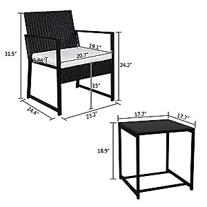 3 PCS Patio Wicker Rattan Furniture Set, Rattan Chair with Coffee Table, Bistro Set Rattan Chair Conversation Sets Garden Furniture for Patio Garden Lawn Backyard Pool (Black-A)