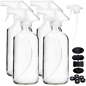 Youngever 4 Pack Empty Glass Spray Bottle, 16 Ounce Clear Glass Spray Bottle for Essential Oils with Extra Durable Trigger Sprayers