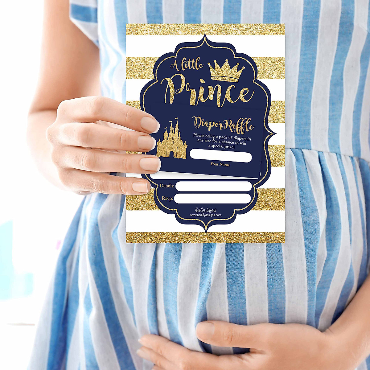 Hadley Designs - 25 Little Prince Baby Shower Invitations, 25 Baby Shower Diaper Raffle Tickets For Baby Shower Boy, Navy & Gold Fill or Write in Card, Diaper Raffle Cards