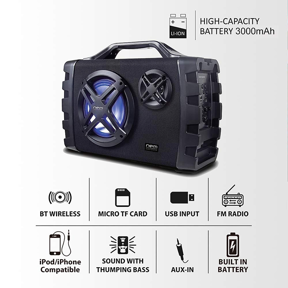 NEM Mobi7e Portable Wireless Bluetooth High Performance Stereo Speaker Extra Bass, USB Recording, Rechargeable Battery, AUX and TF Card Input, FM Radio, MP3, Mic and Guitar Input, LED Lights (Black)