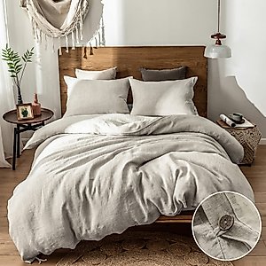 Simple&Opulence 100% Linen Duvet Cover Set, 3 Pieces Belgian Flax Breathable Bedding, 1 Comforter Cover+2 Pillowshams with Coconut Button Closure(King,Linen)